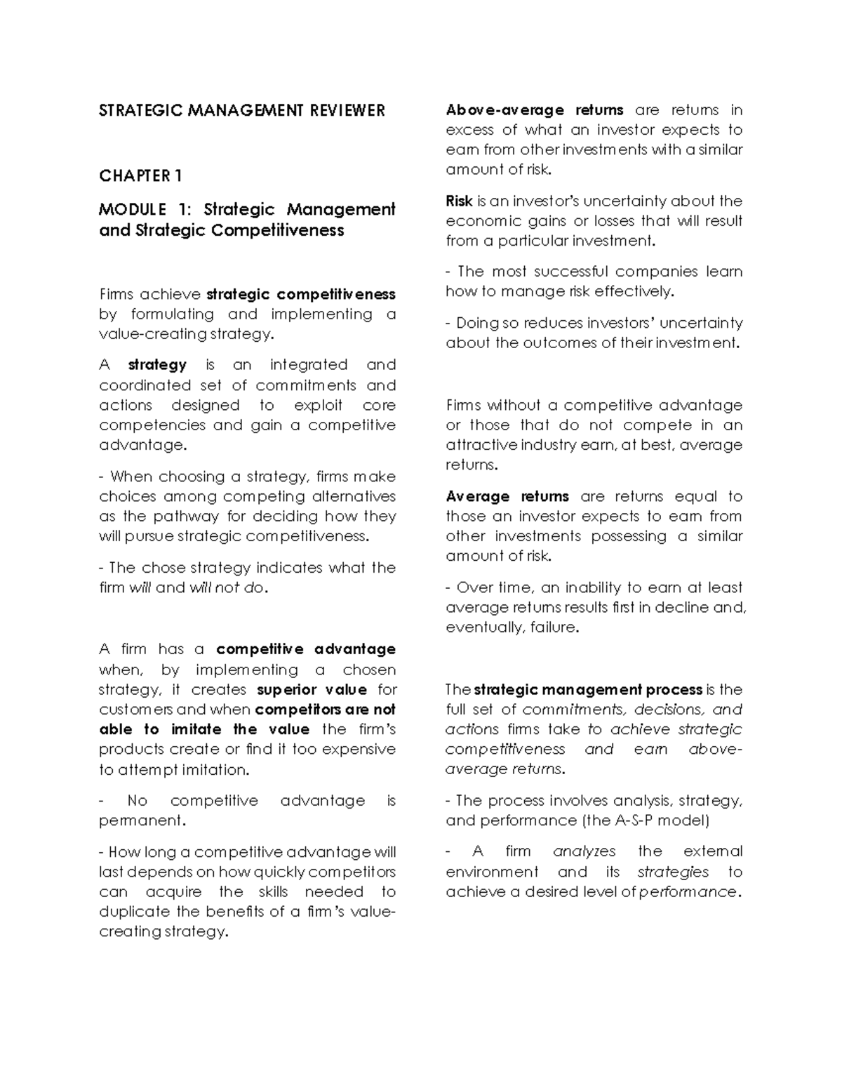 Strama Reviewer CHAP 1 - Lecture notes 1 - STRATEGIC MANAGEMENT ...