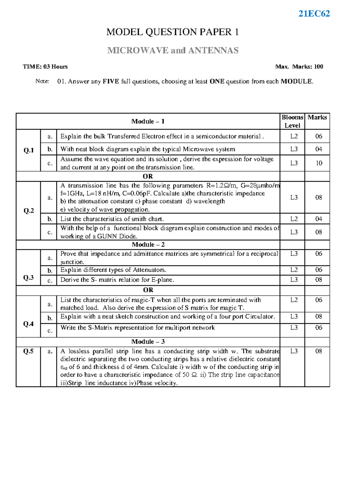 21EC62 - mwa sample paper - MODEL QUESTION PAPER 1 MICROWAVE and ...