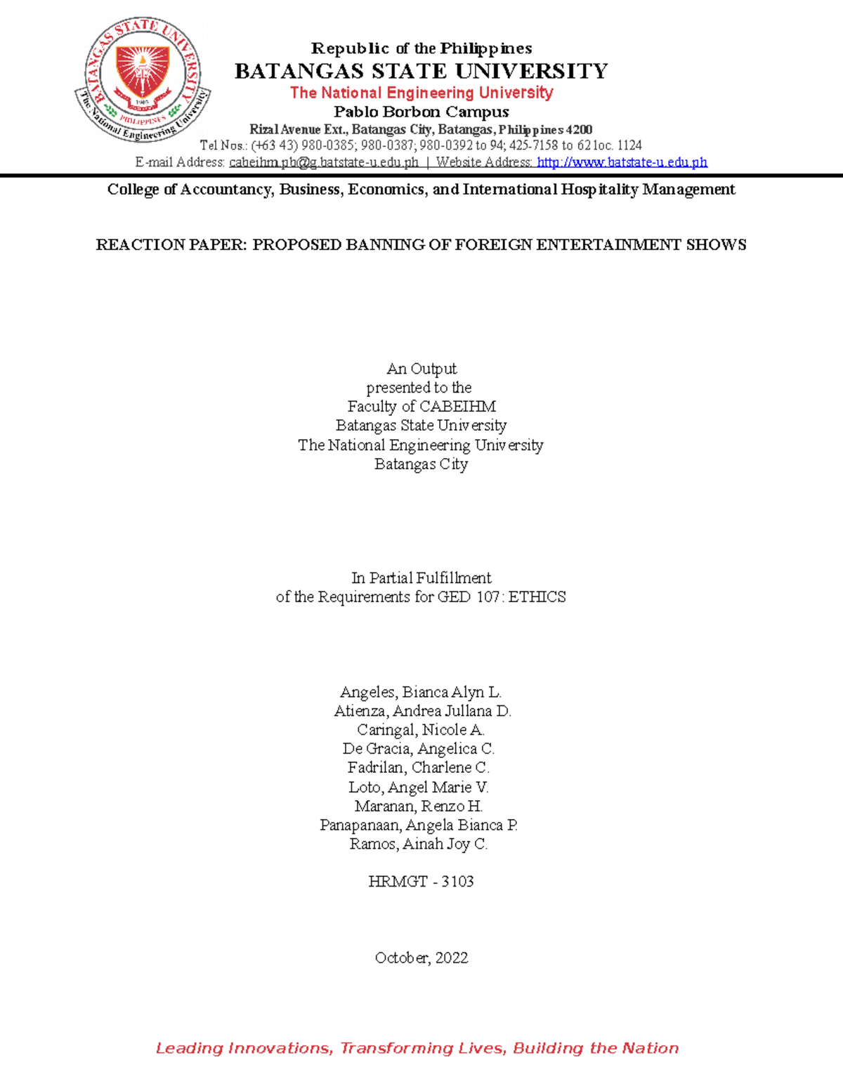 Reaction-Paper - RPH - BATANGAS STATE UNIVERSIT Y The National Engineering University Pablo ...