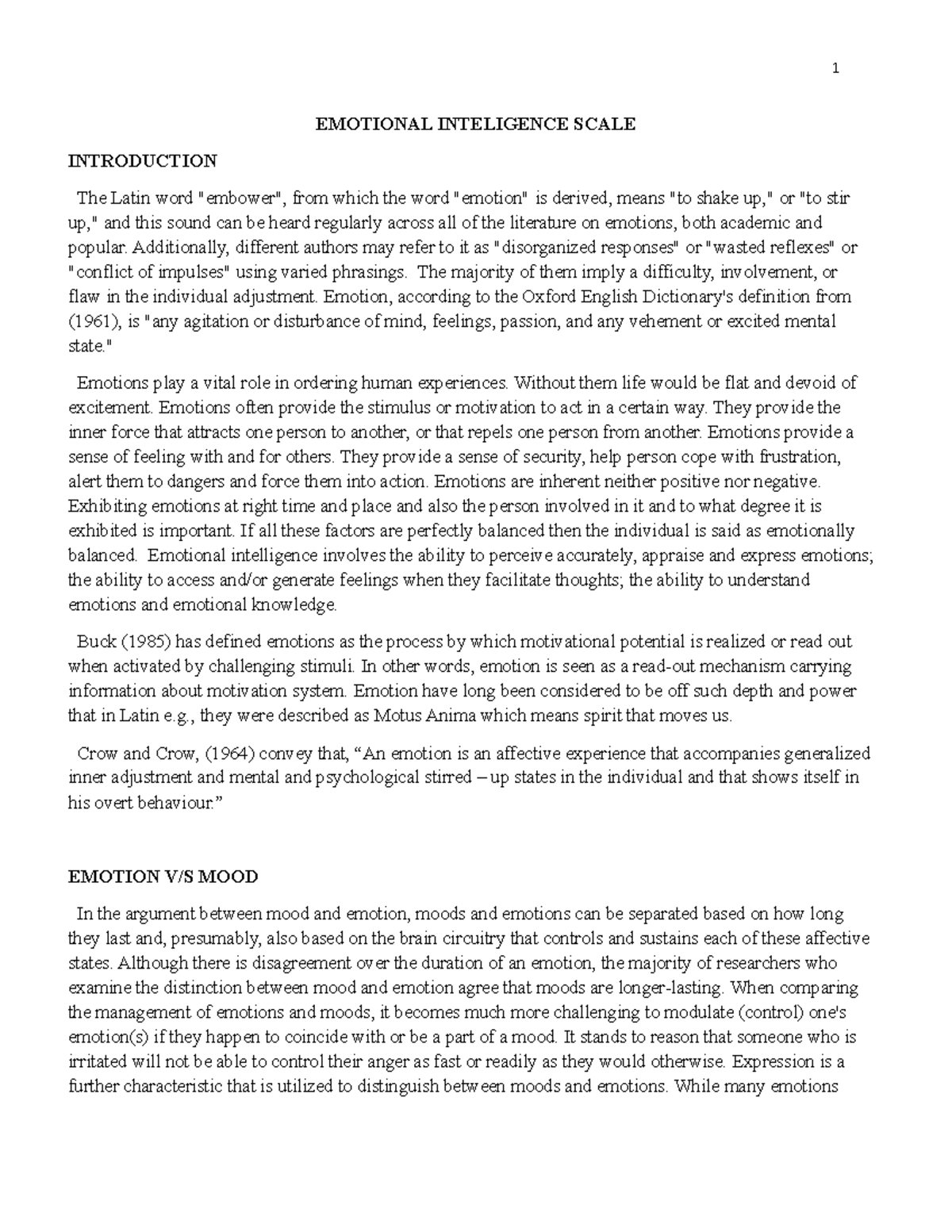 Intro for EIS - EMOTIONAL INTELIGENCE SCALE INTRODUCTION The Latin word "embower", from - Studocu