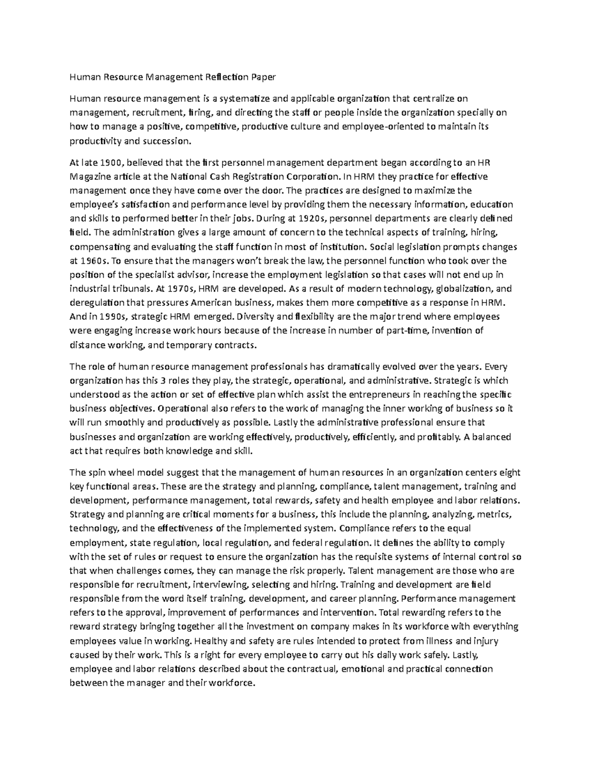 Human Resource Management Reflection Paper - At late 1900, believed ...