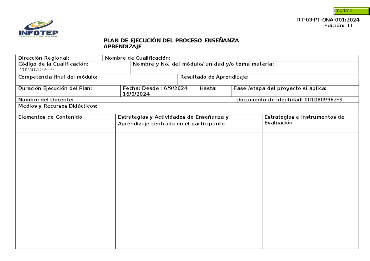 Plantilla PLAN DE Ejecucion 2024 - PLAN DE EJECUCIÓN DEL PROCESO ENSEÑANZA APRENDIZAJE - Studocu