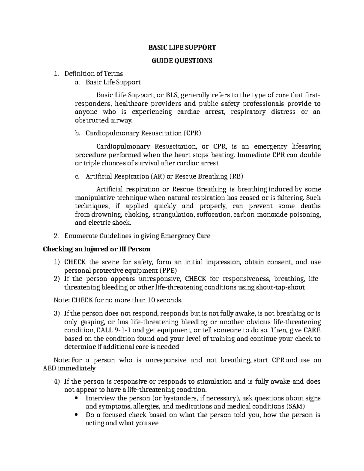 Basic life support and vital signs - BASIC LIFE SUPPORT GUIDE QUESTIONS ...