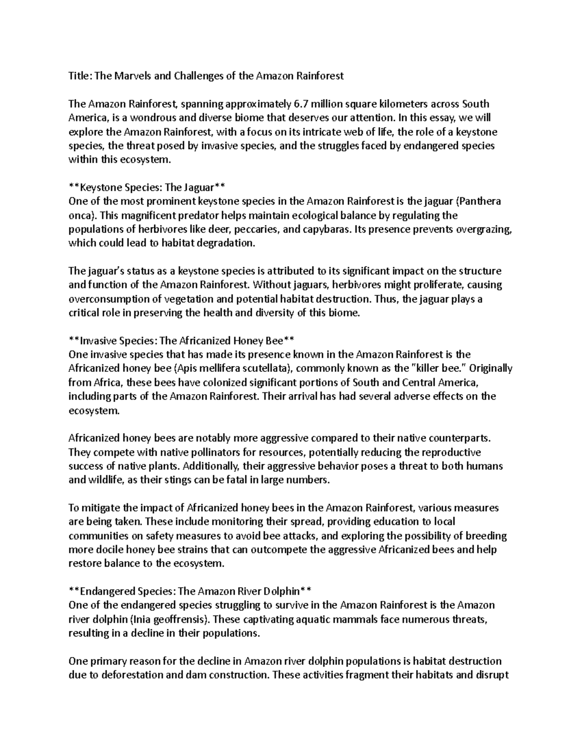 Bio essay - Title: The Marvels and Challenges of the Amazon Rainforest ...