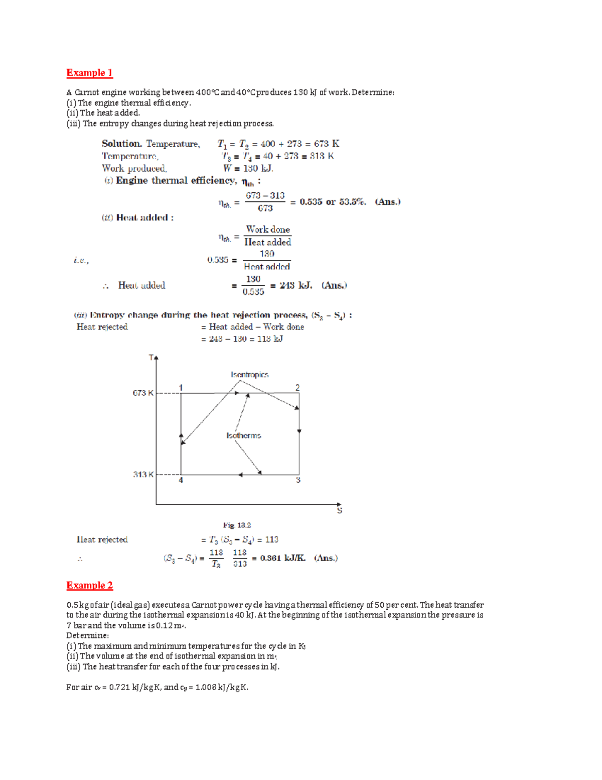 Thermo cycles, examples - Example 1 A Carnot engine working between 400 ...