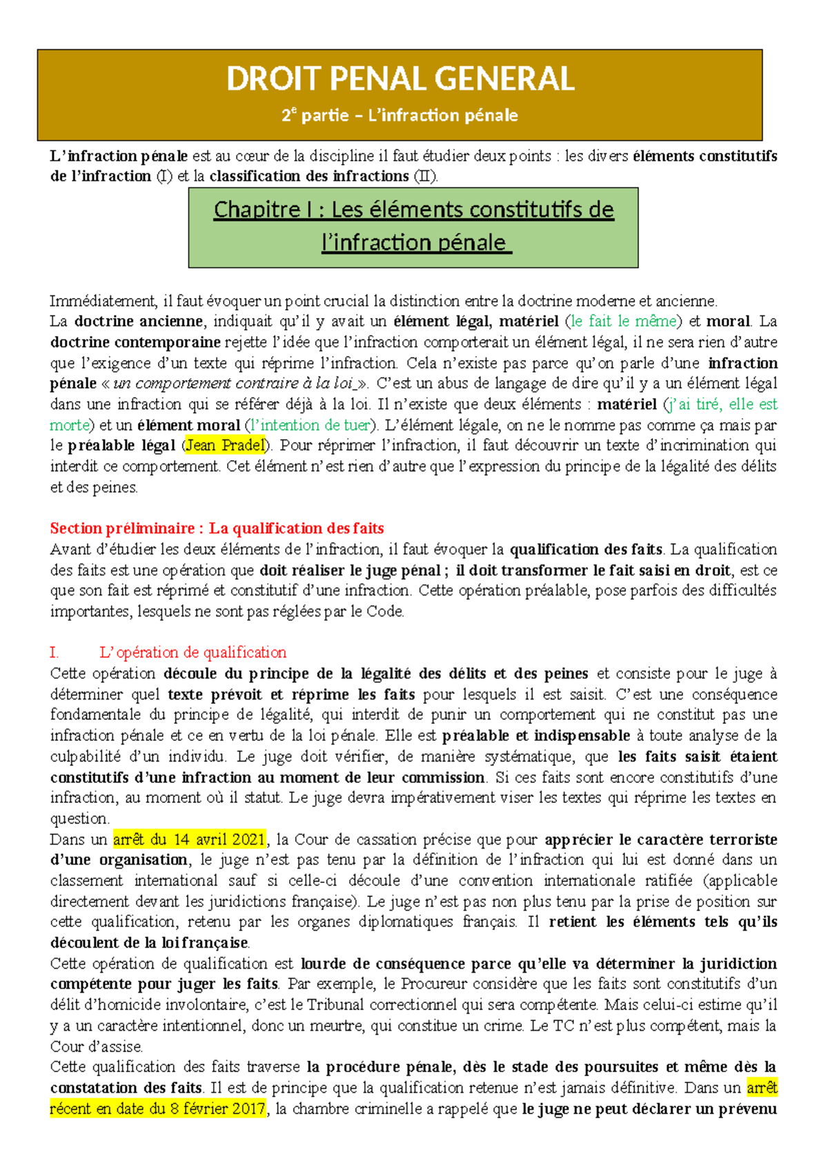 CH1 - Les elements constituti fs de l'infraction pénale - L’infraction ...