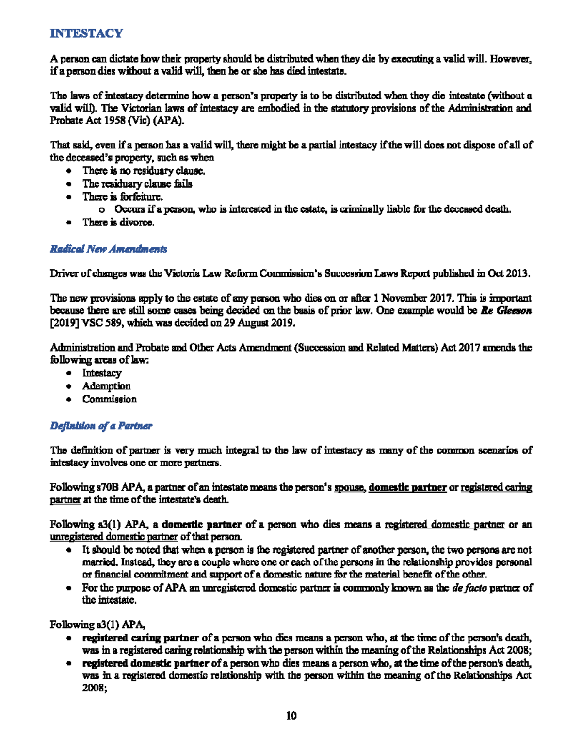 Intestacy - LAWS3393 - Studocu