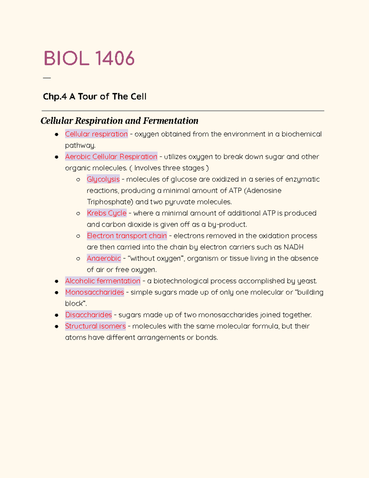 BIOL 1406 Chp - Lecture notes 4 - BIOL 1406 Chp A Tour of The Cell ...