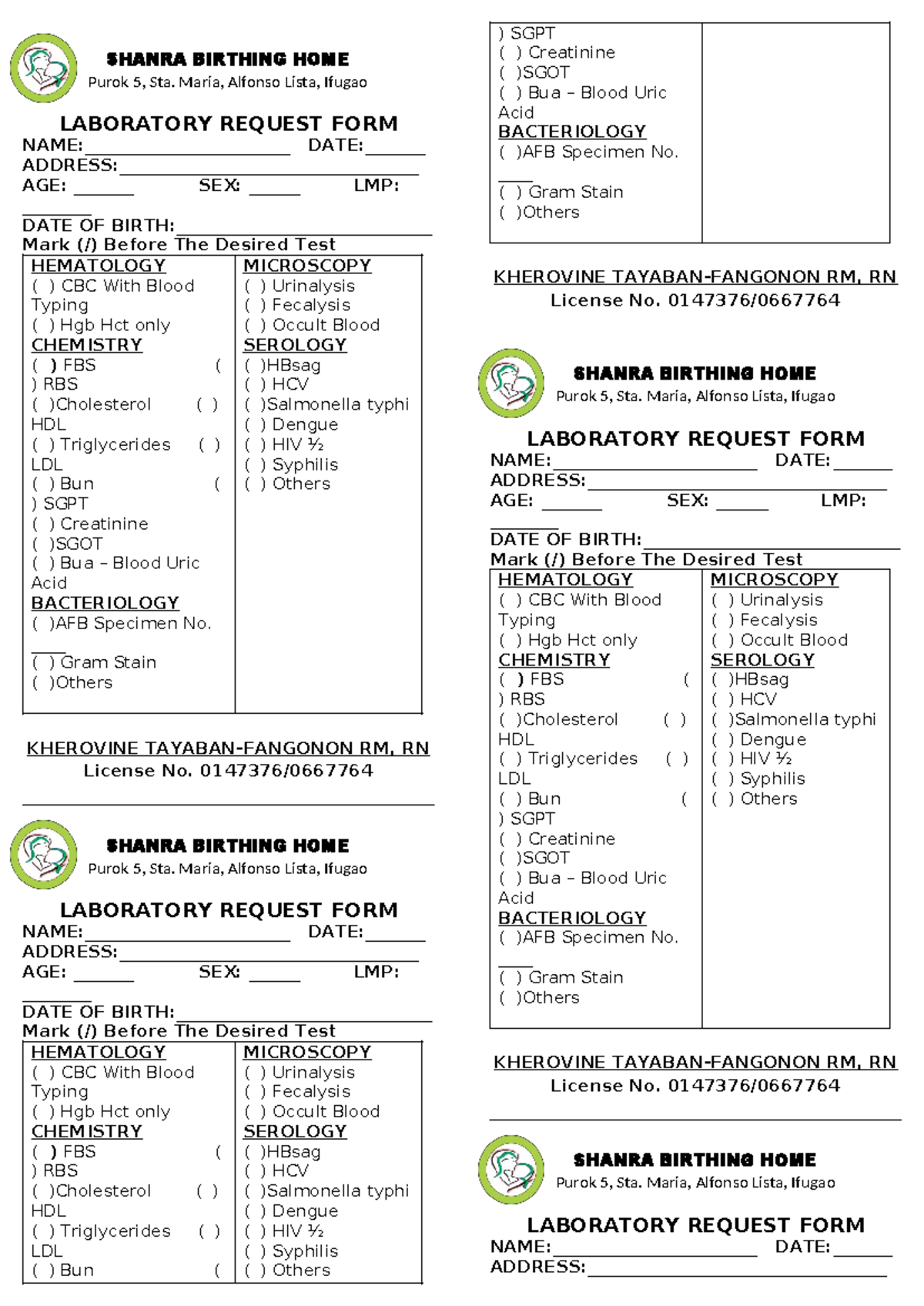 LAB Request - nothing - SHANRA BIRTHING HOME Purok 5, Sta. Maria ...