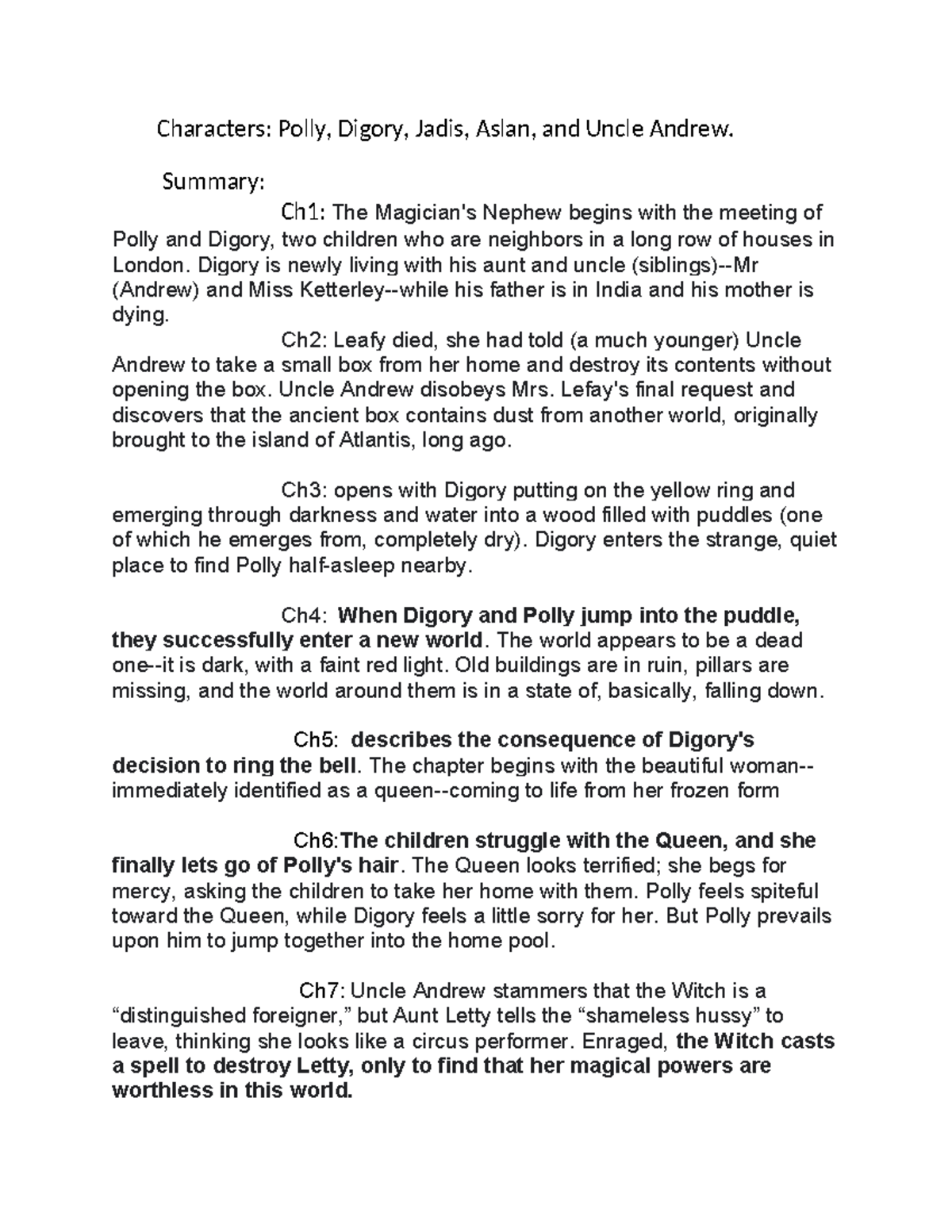 Magicians nephew chapter summaries - Characters: Polly, Digory, Jadis ...