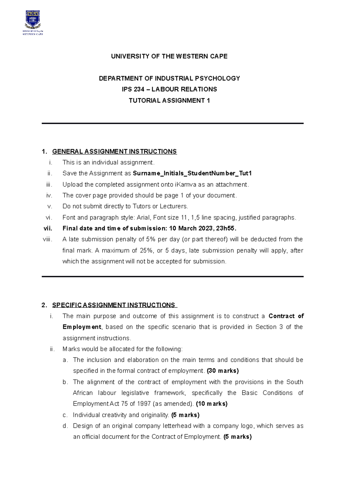 IPS 234 Tutor Assignment 1 - UNIVERSITY OF THE WESTERN CAPE DEPARTMENT ...