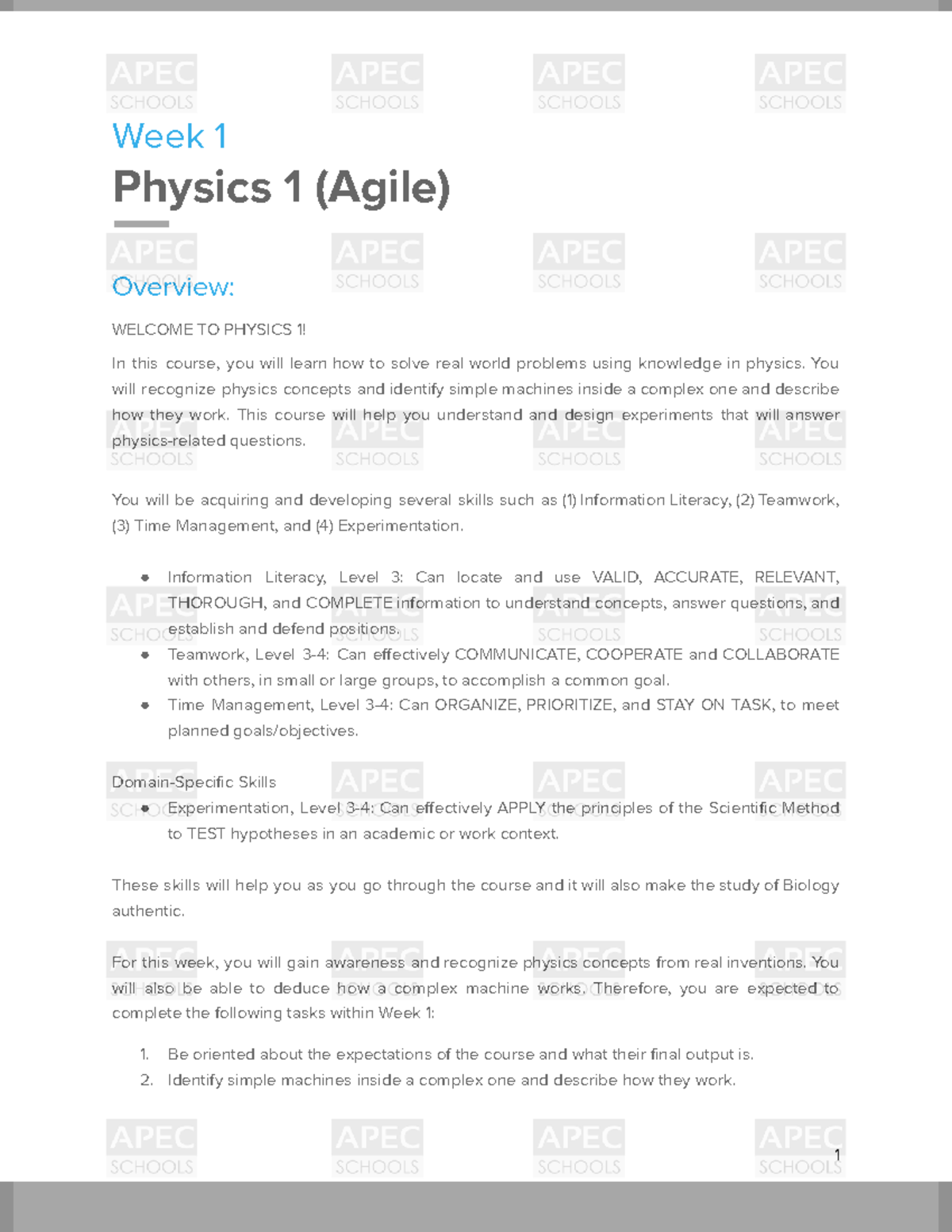 Sample Physics - Week 1 Physics 1 (Agile) Overview: WELCOME TO PHYSICS ...