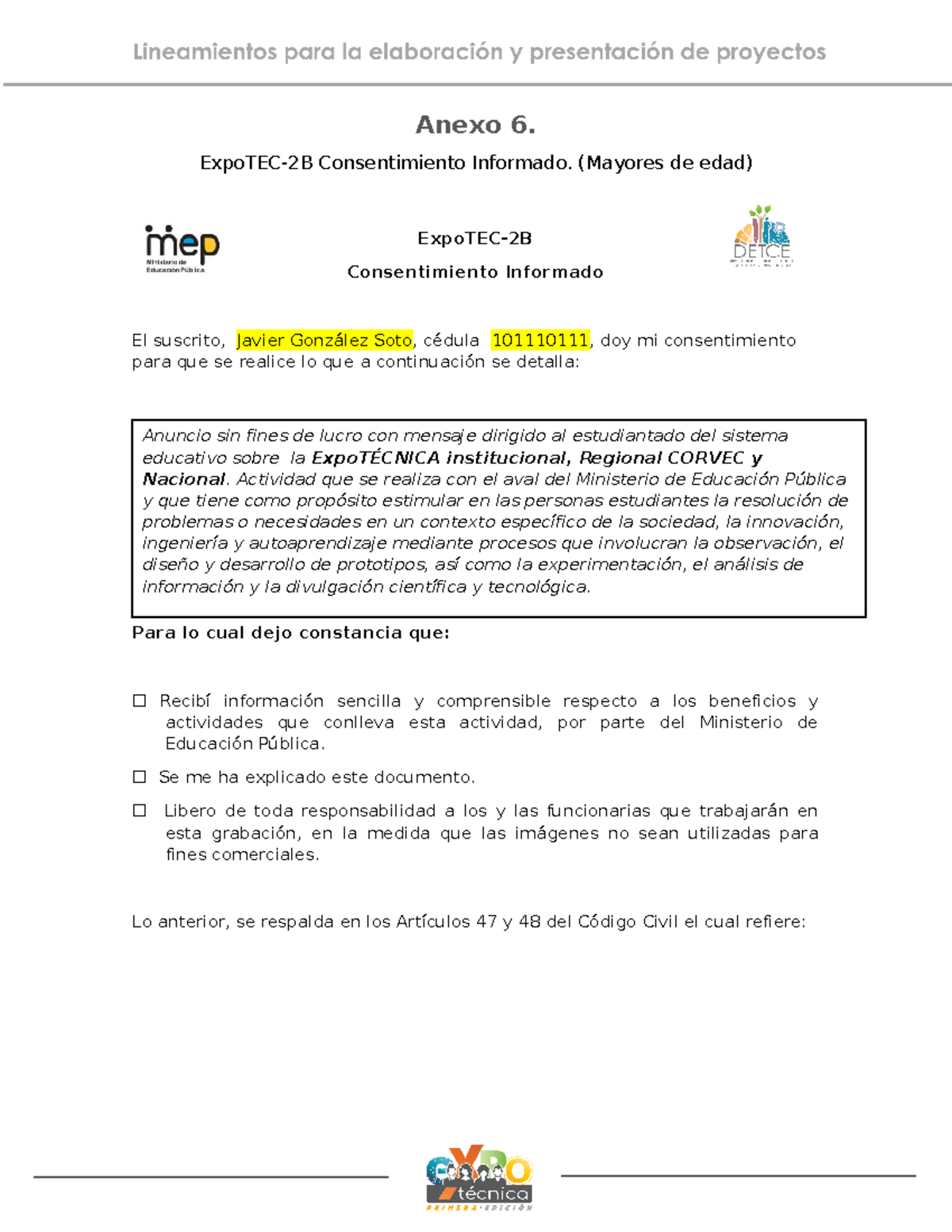 Ejemplo Anexo 6. Expo TEC-2B Consentimiento Informado. (Mayores de edad ...