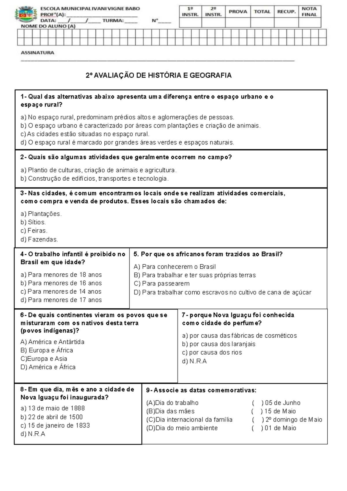 2º Avaliação DE História E Geografia - 2º AVALIAÇÃO DE HISTÓRIA E ...