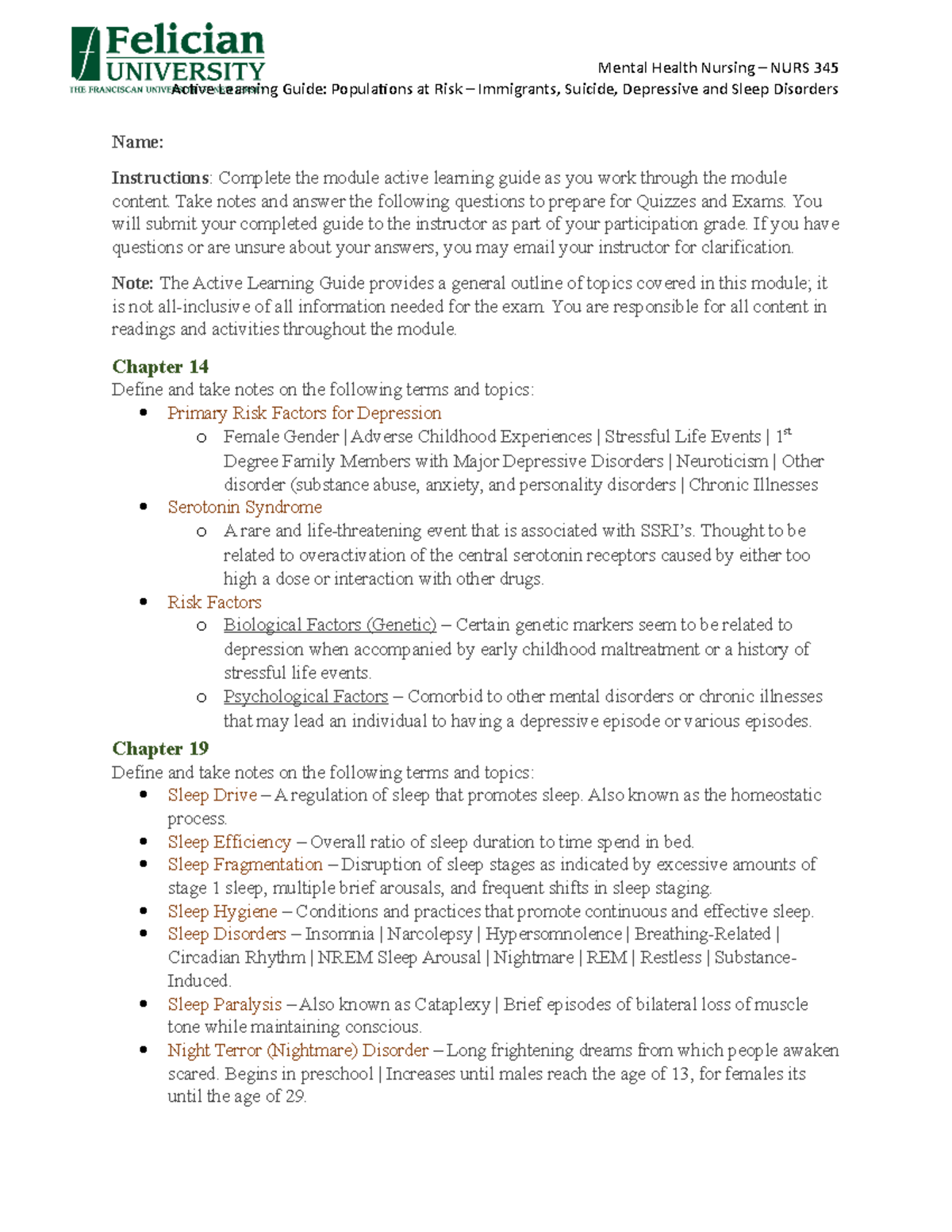 Active Learning Guide Module 12 - Mental Health - NURS 345 - Studocu