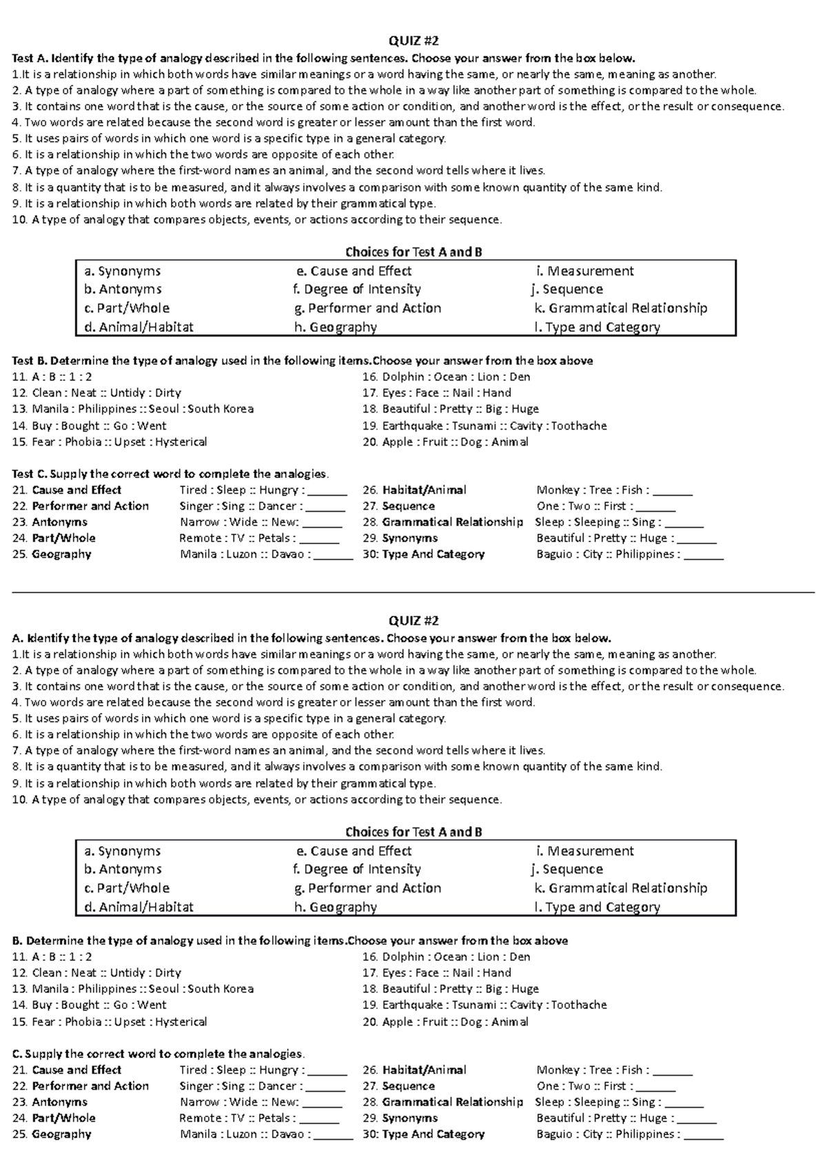 QUIZ-on-analogy - Analogy - QUIZ Test A. Identify the type of analogy ...