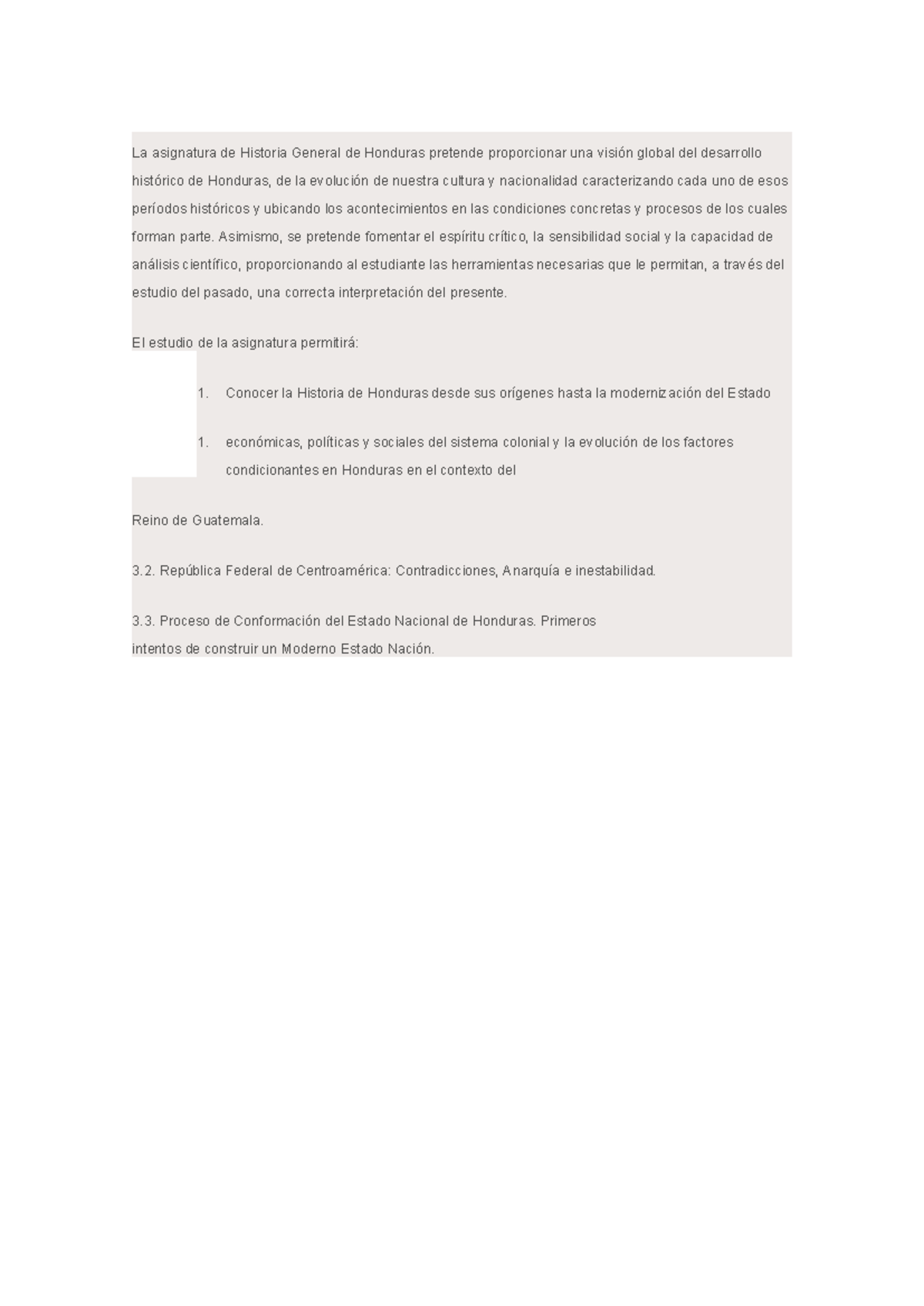 Programa de la Asignatura Historia de Honduras - La asignatura de Historia General de Honduras ...