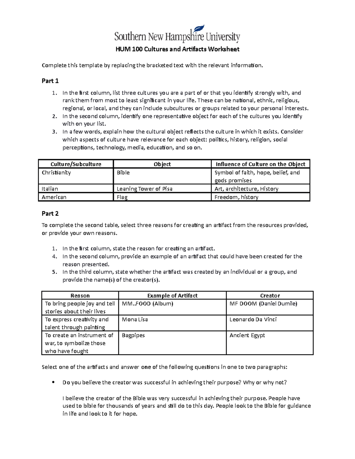 HUM 100 Cultures and Artifacts Worksheet - HUM 100 - SNHU - Studocu