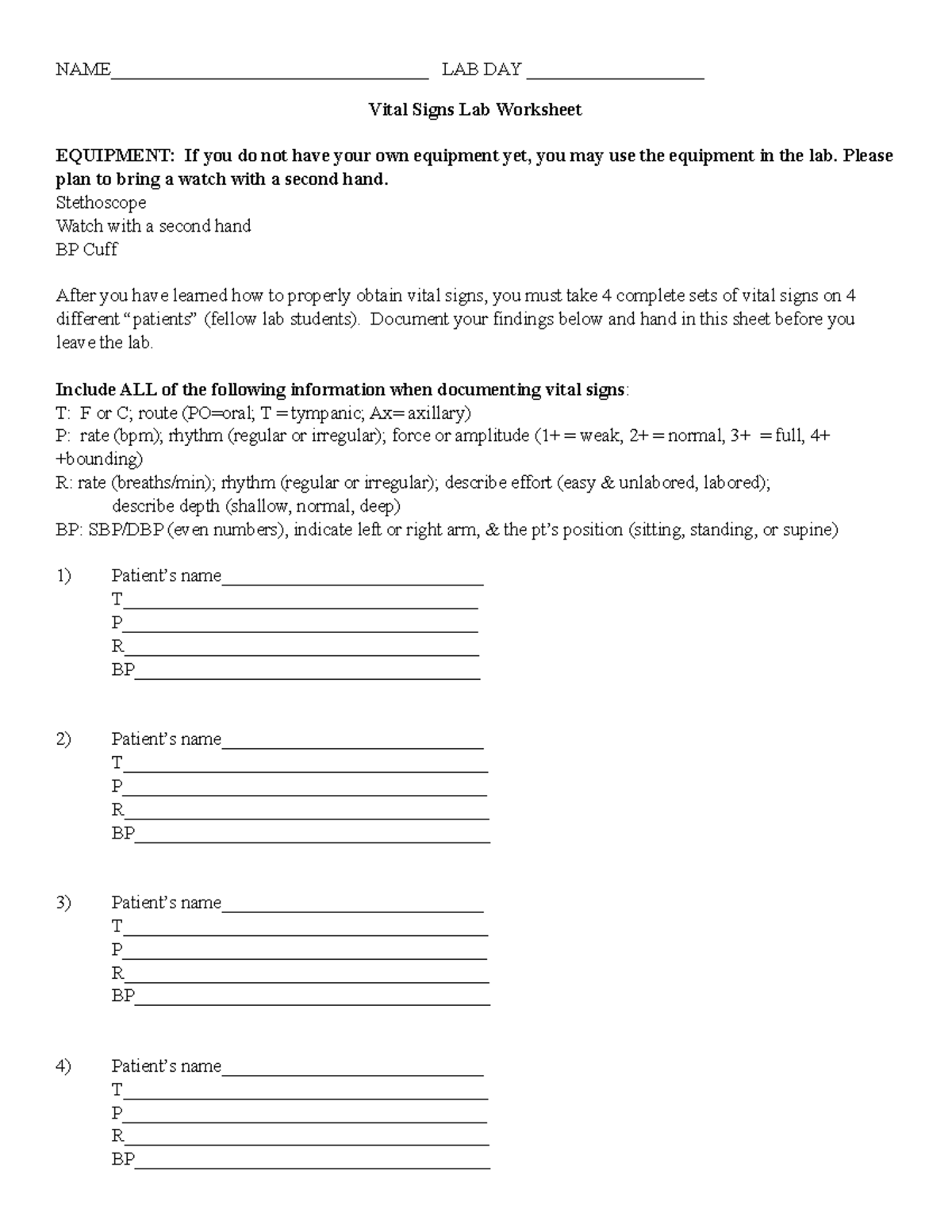 Vitals Sign Lab Worksheet(NAHP) - NAME ...