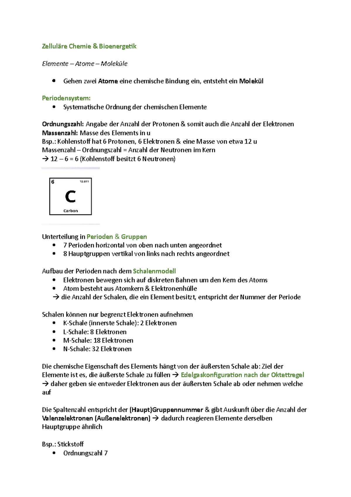 1. Zelluläre Chemie - Zelluläre Chemie & Bioenergetik Elemente – Atome ...