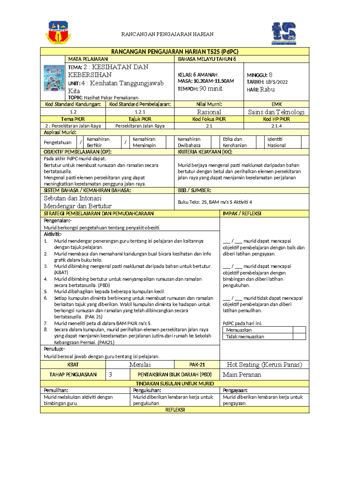 4. BM THN 6 TS25 (Unit 4) - sqs - RANCANGAN PENGAJARAN HARIAN TS25 (PdPC) MATA PELAJARAN BAHASA ...