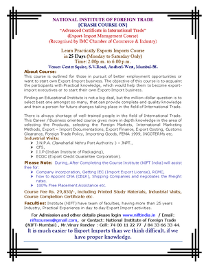 NIFT Customs Clearance & Freight Forwarding 2 months PT - National ...