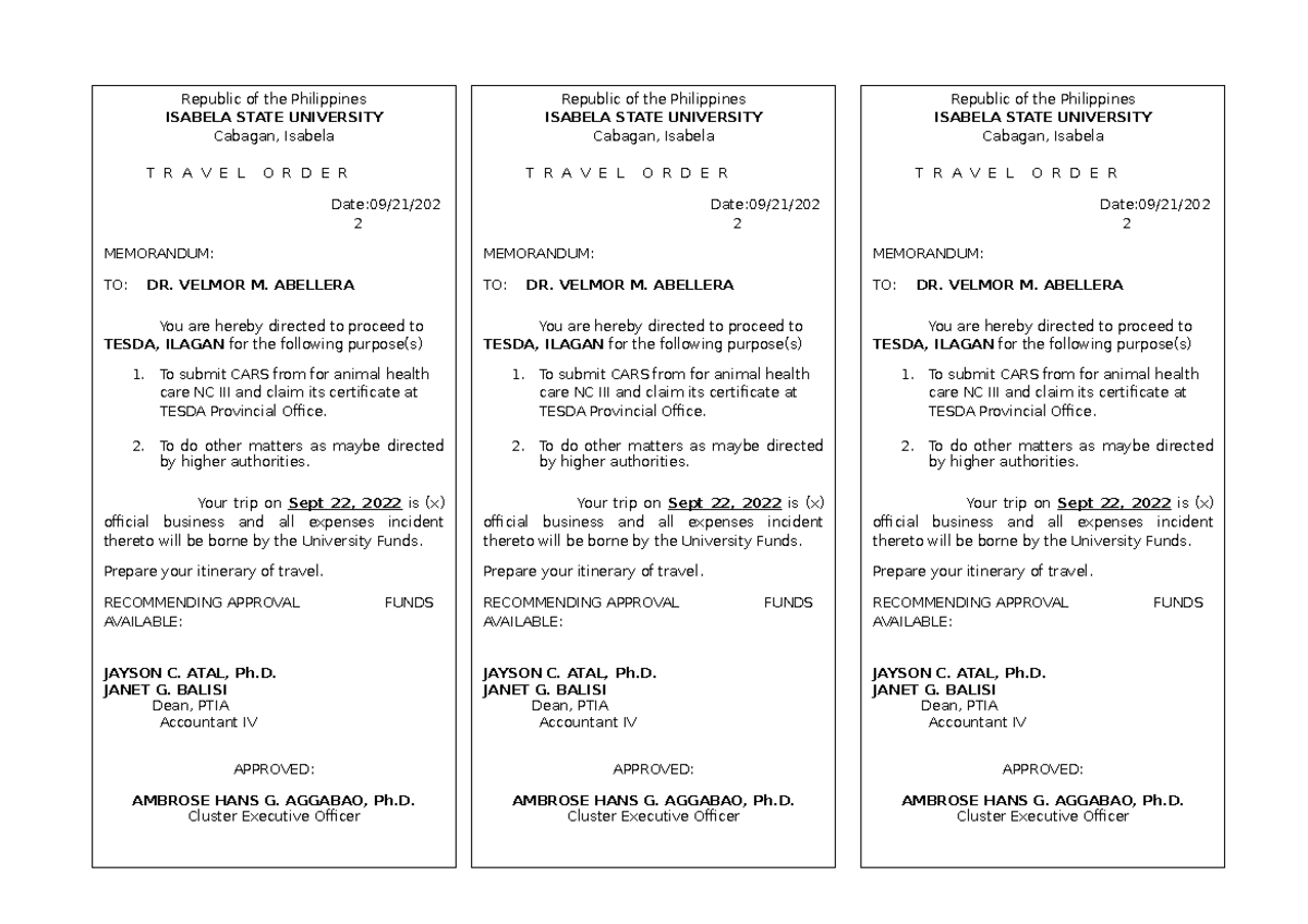 Travel Order 2022 - Republic of the Philippines ISABELA STATE ...