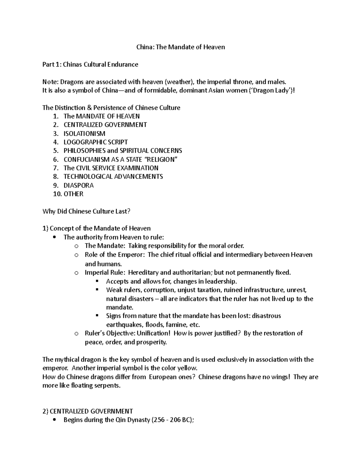 Lecture #5 - China: The Mandate of Heaven Part 1: Chinas Cultural ...