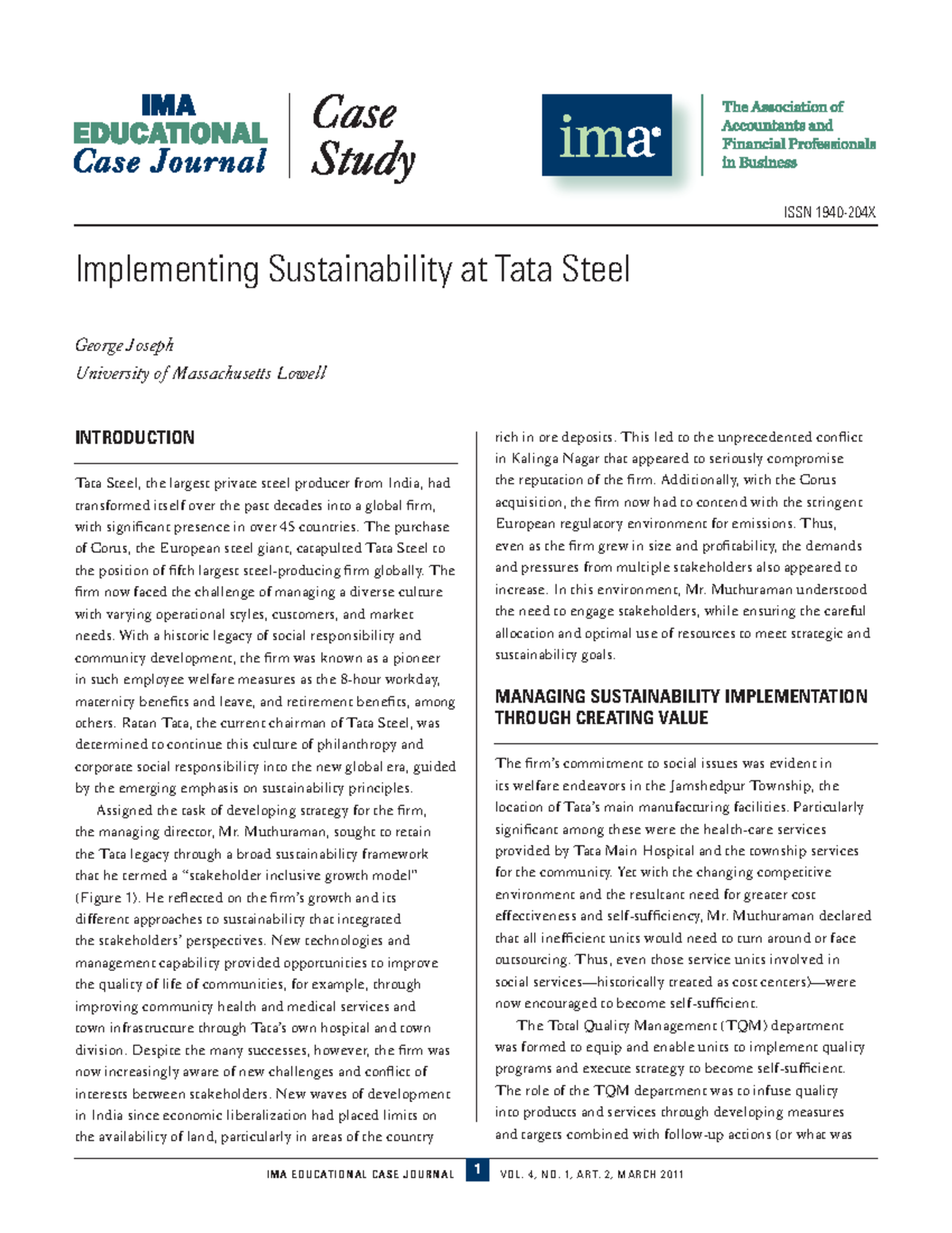 Implementing sustainability at tata steel pdf - George Joseph ...