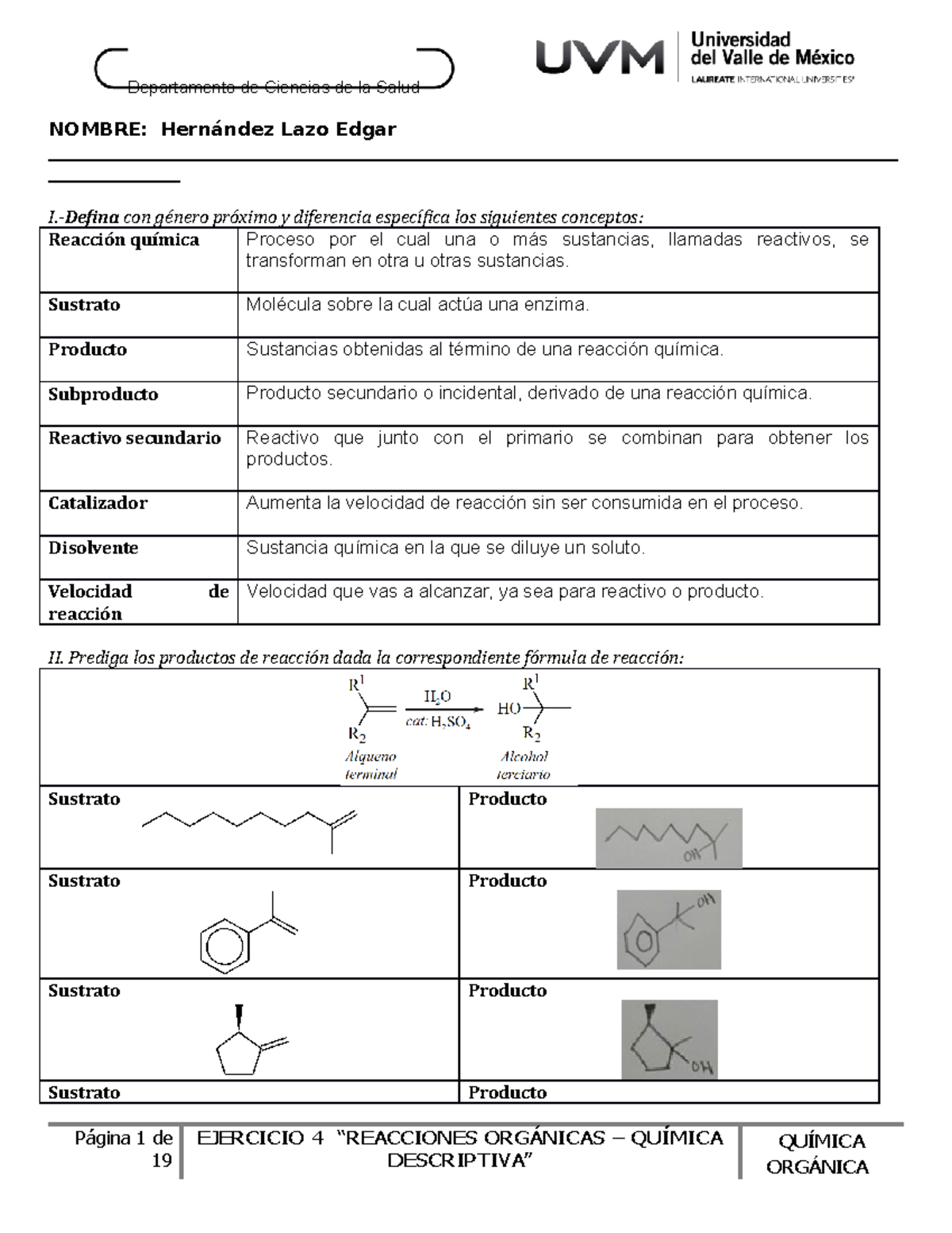 Tarea 4 - Reacciones Orgánicas - Química Descriptiva - **NOMBRE ...