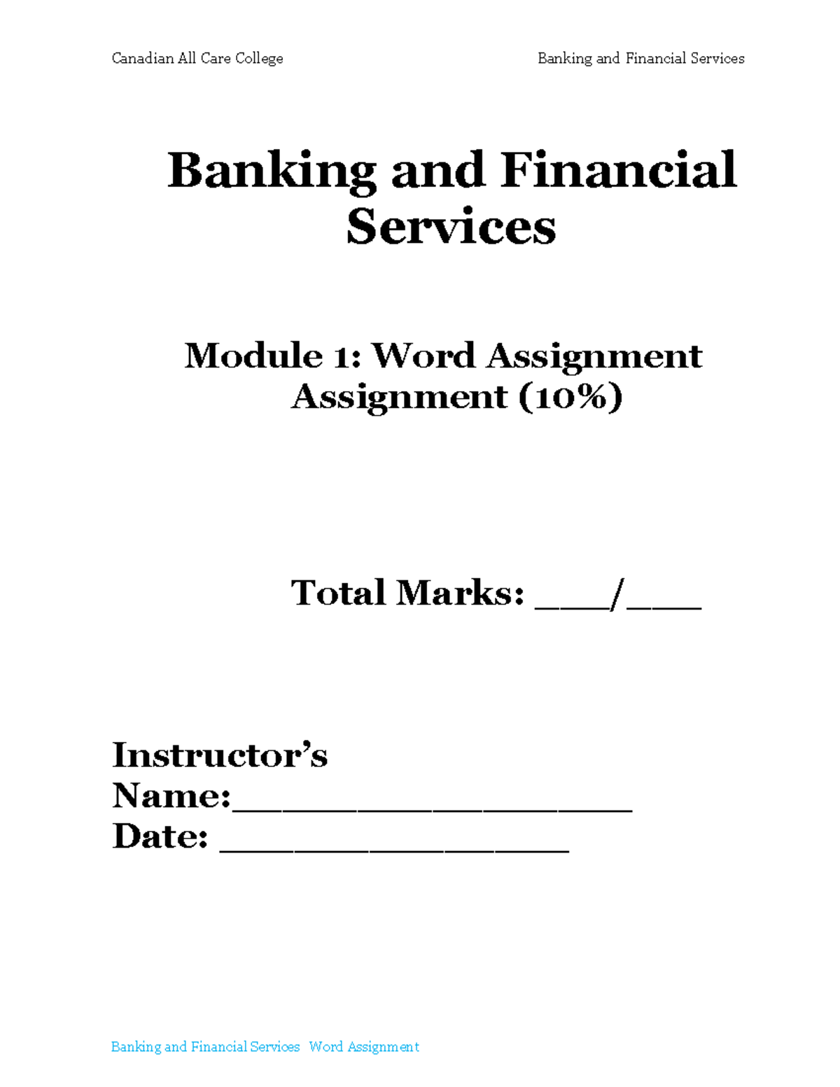 Microsoft Word Assignment - Canadian All Care College Banking and ...