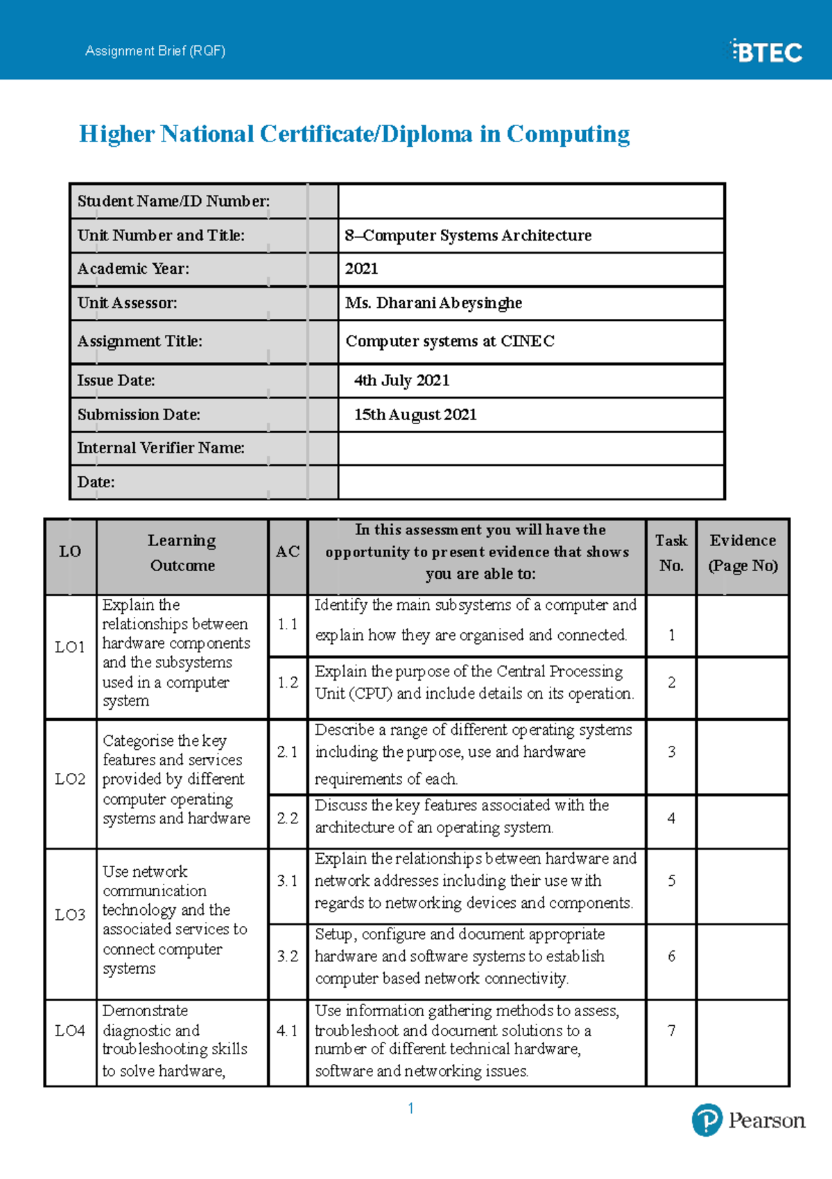 Computer Systems Architecture Assignment - Batch 10 - Higher National ...