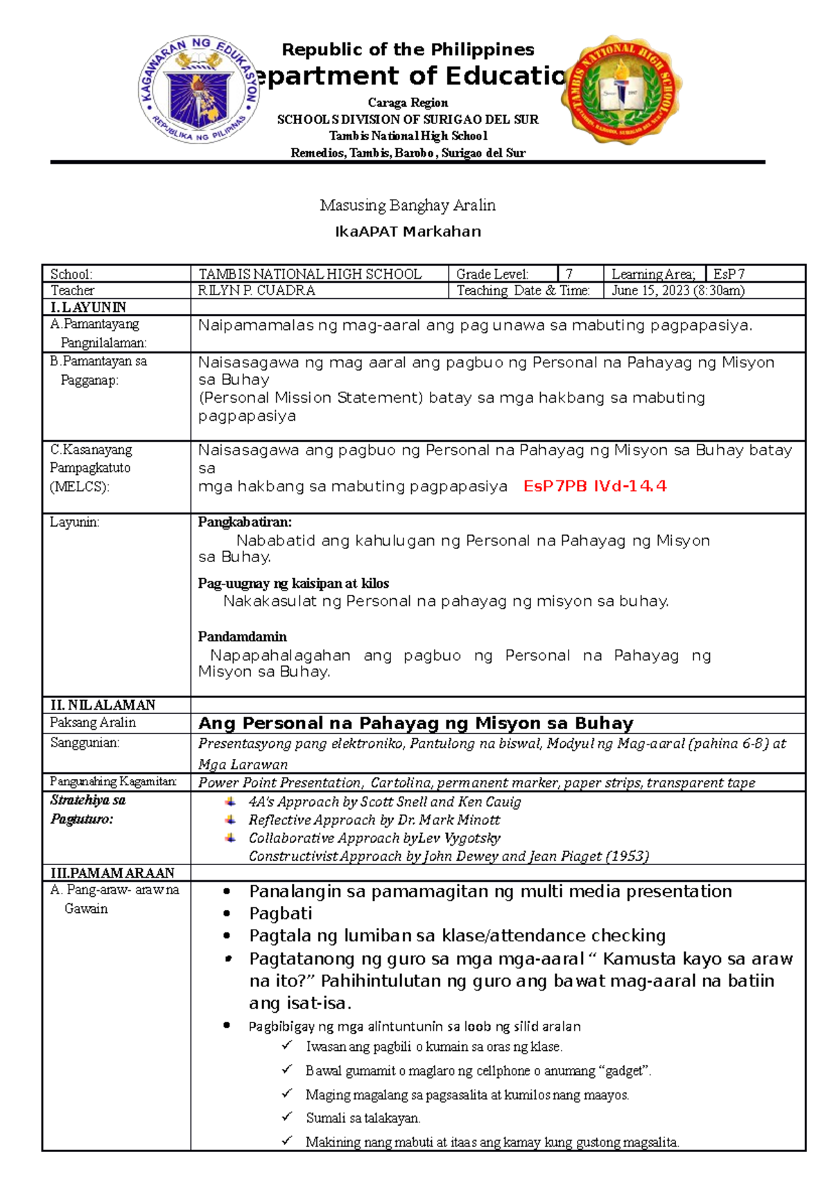 LP CO 2 Cuadra - For class observation - Republic of the Philippines Department of Education ...