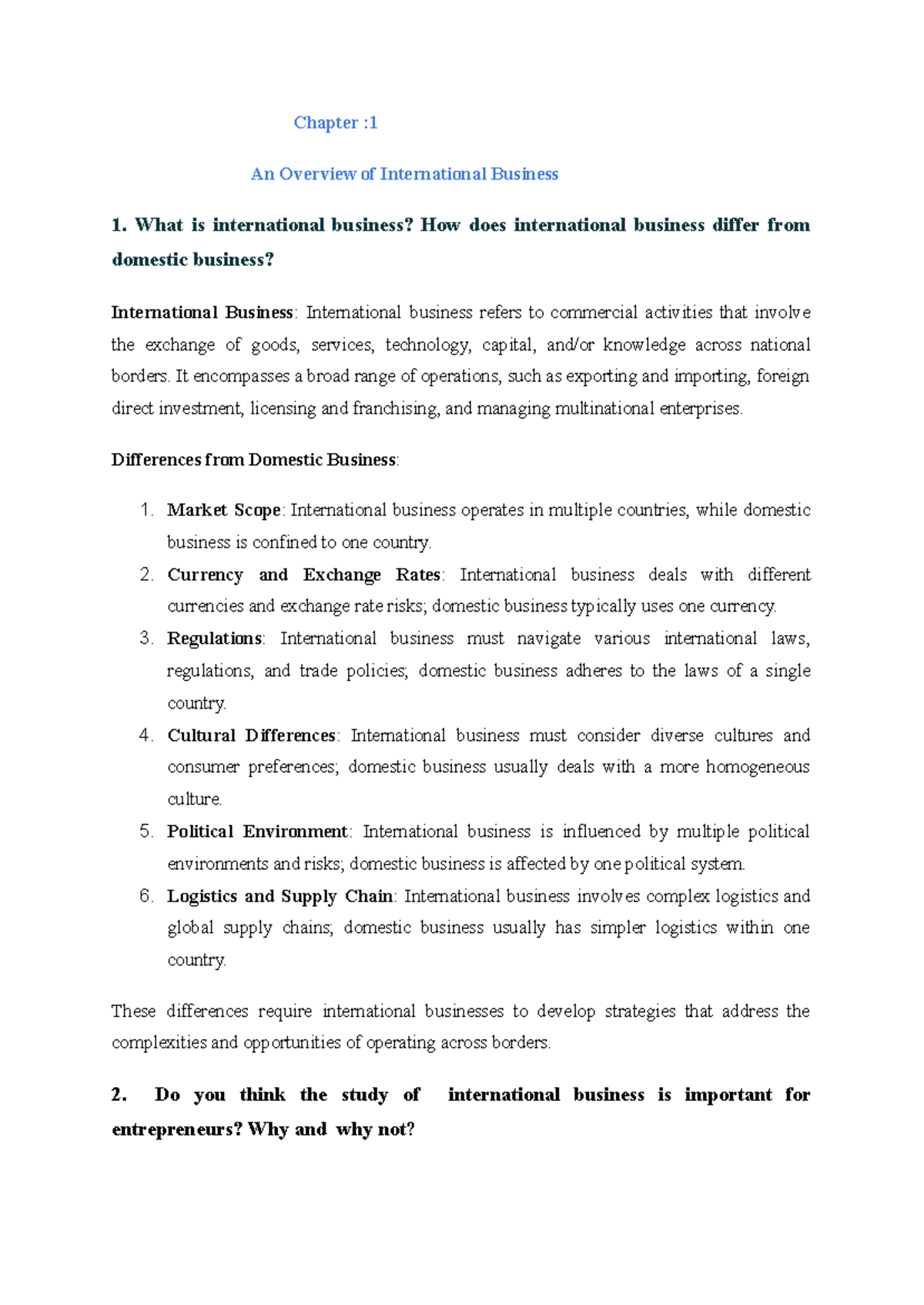 IB Note - important note. - Chapter : An Overview of International Business 1. What is ...