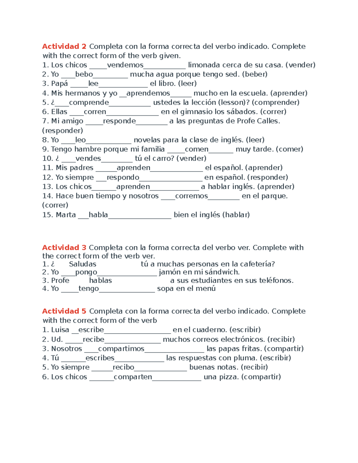 Spanish- Verbs - Actividad 2 Completa con la forma correcta del verbo ...