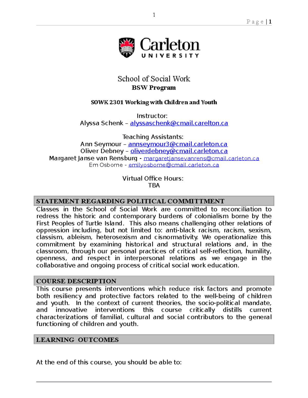 Draft - Winter 2021 SOWK 2301 Syllabus - P a g e | 1 School of Social ...