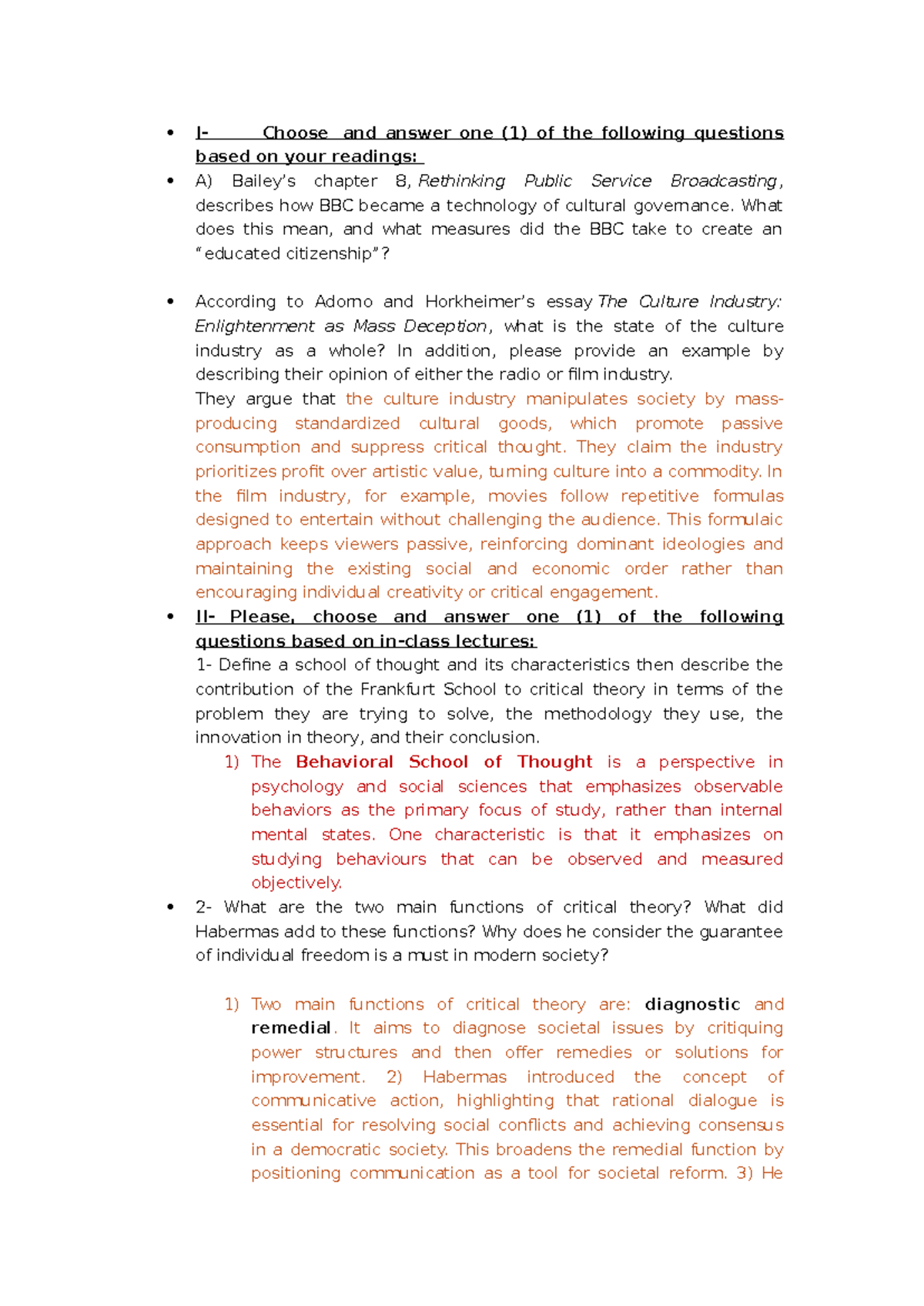 3109 - potential questions - I- Choose and answer one (1) of the ...