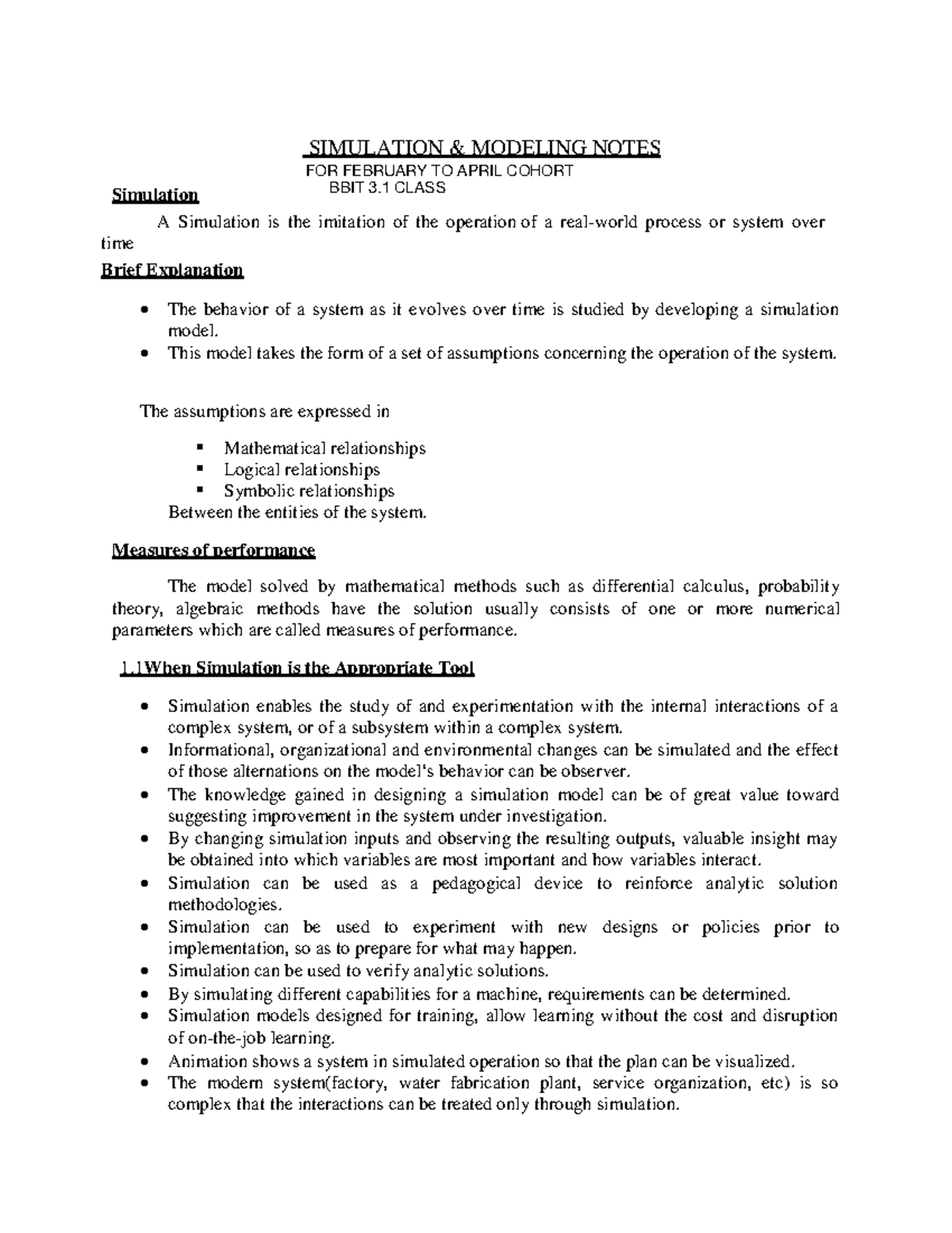 Jan 2021 Simulation And Modeling Notes Simulation A Simulation Is The Imitation Of The