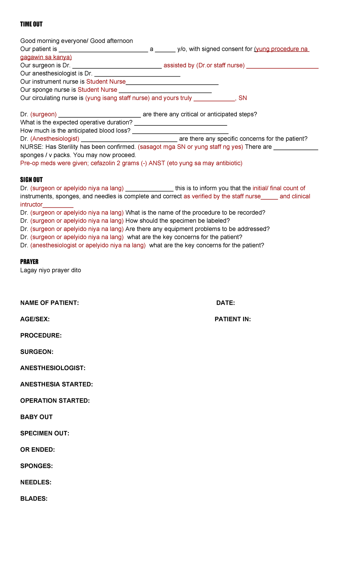 Time out - operating room guide for circulating nurse - TIME OUT Good ...