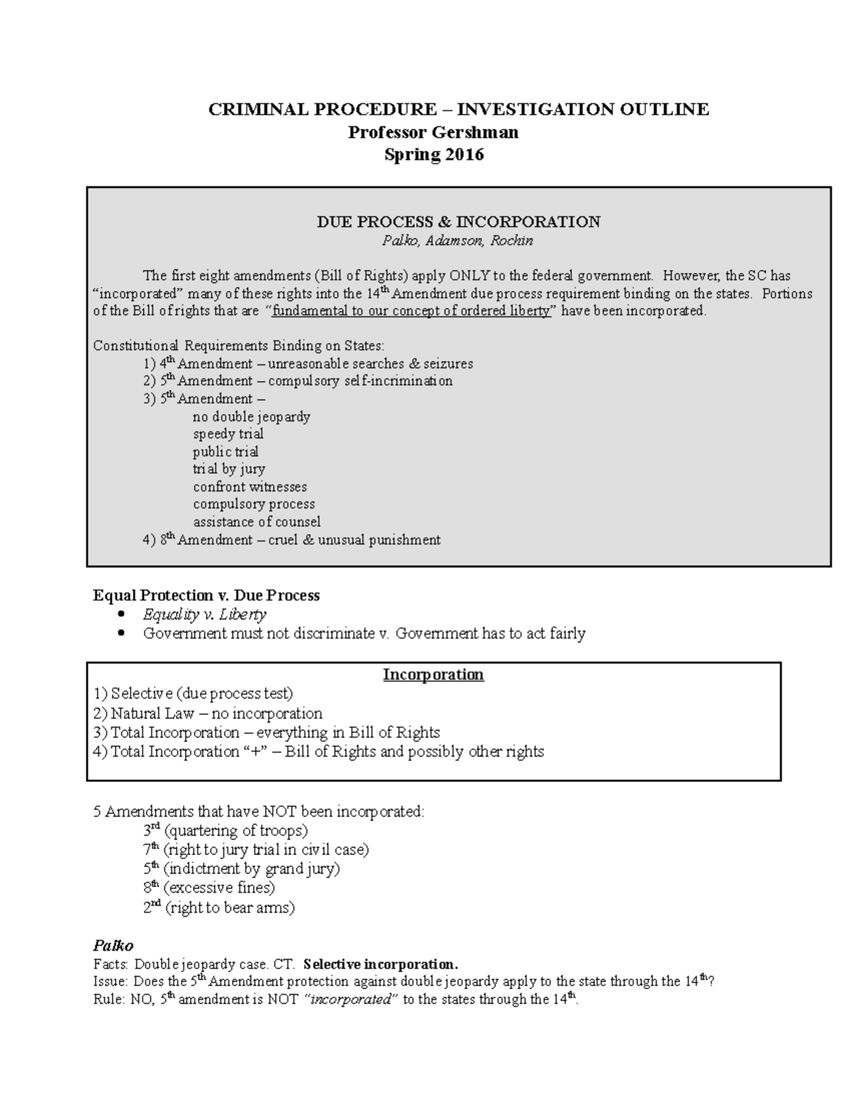 Crim Pro Outline Edited - CRIMINAL PROCEDURE – INVESTIGATION OUTLINE ...