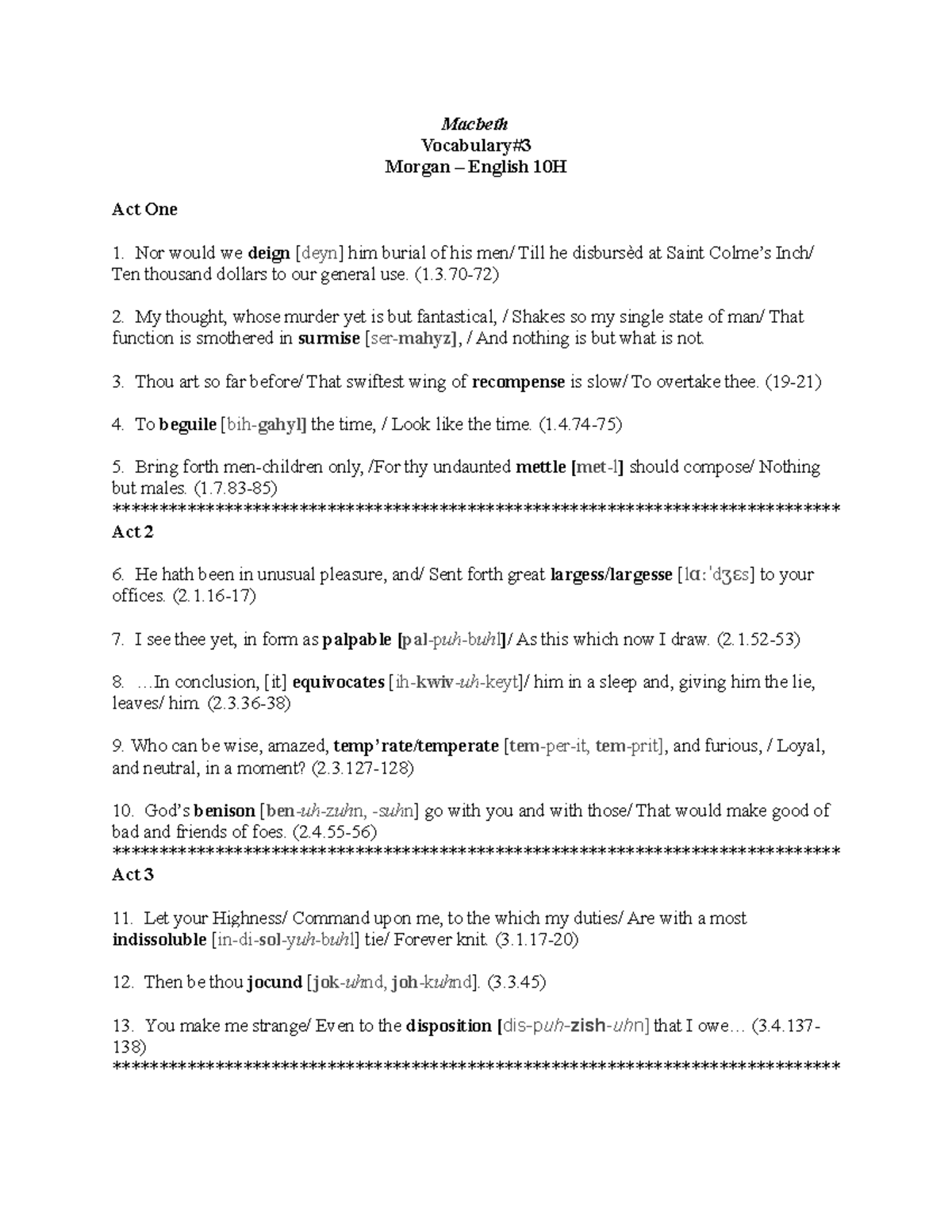 Macbeth Vocabulary 3 - Macbeth Vocabulary# Morgan – English 10H Act One ...