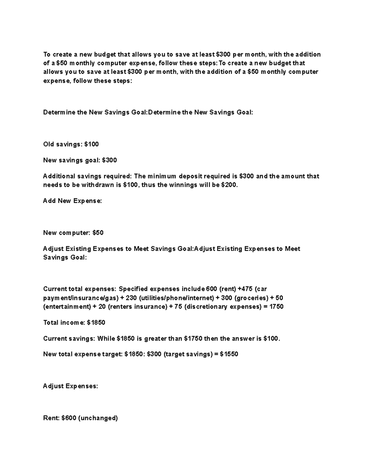 New budget to save 300$ - To create a new budget that allows you to ...