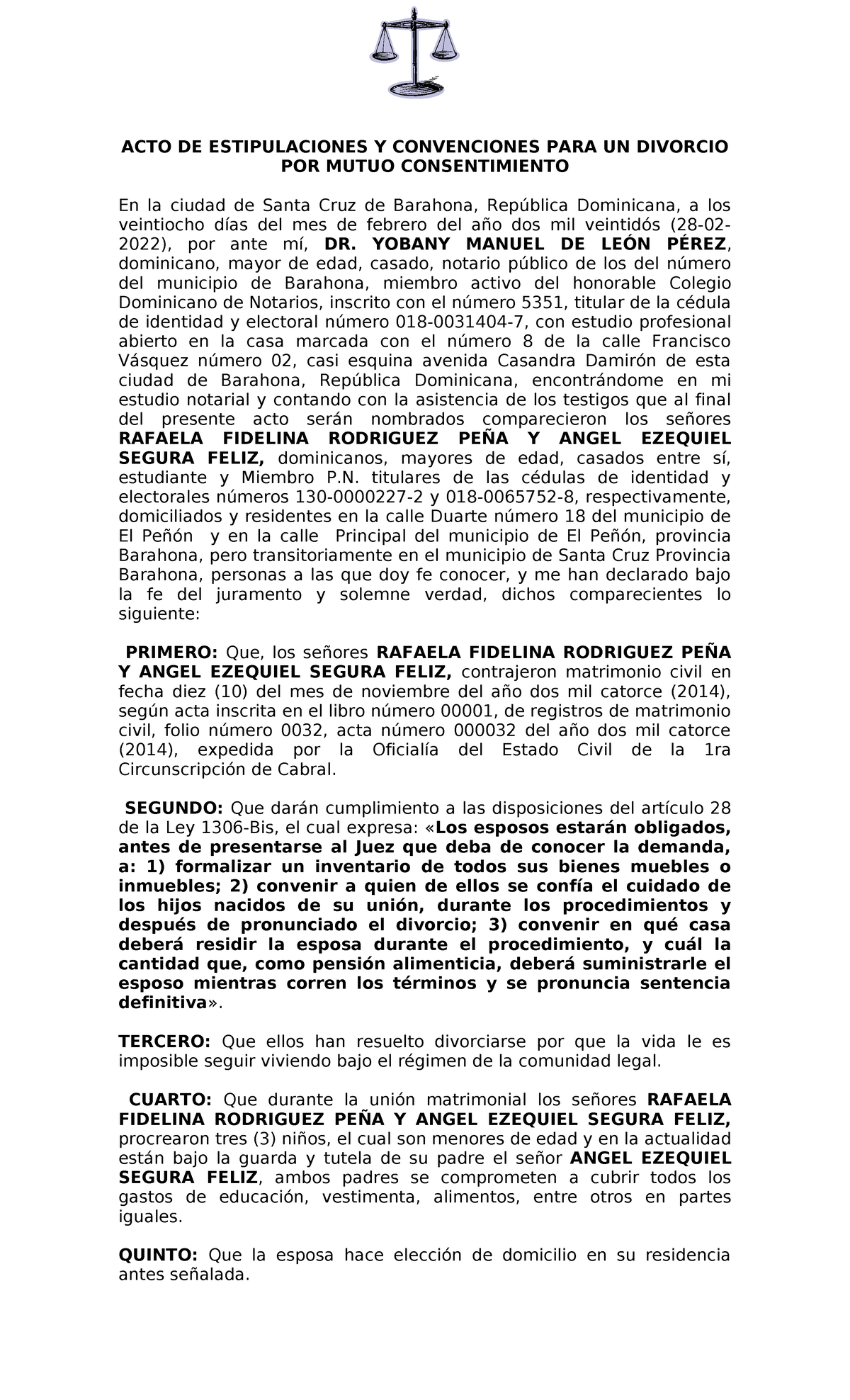 Mutuo consentimiento 1 - ACTO DE ESTIPULACIONES Y CONVENCIONES PARA UN ...