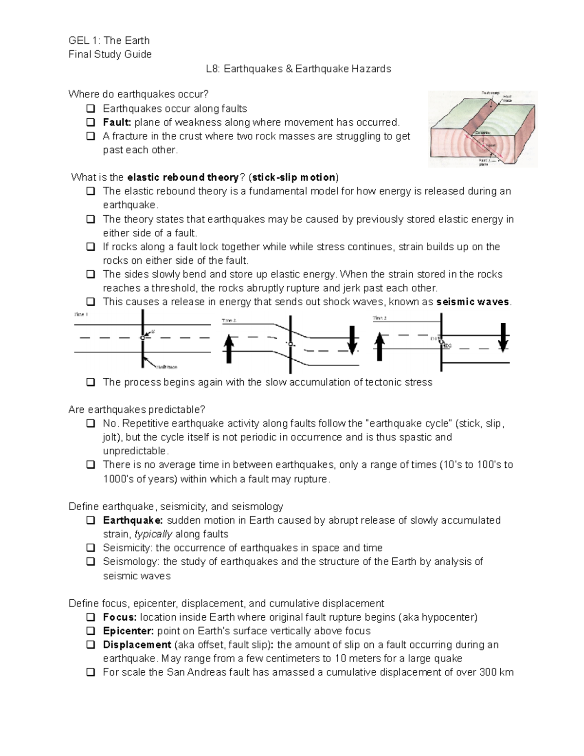 L8 Earthquakes Review - Lecture notes 8 - GEL 1: The Earth Final Study ...