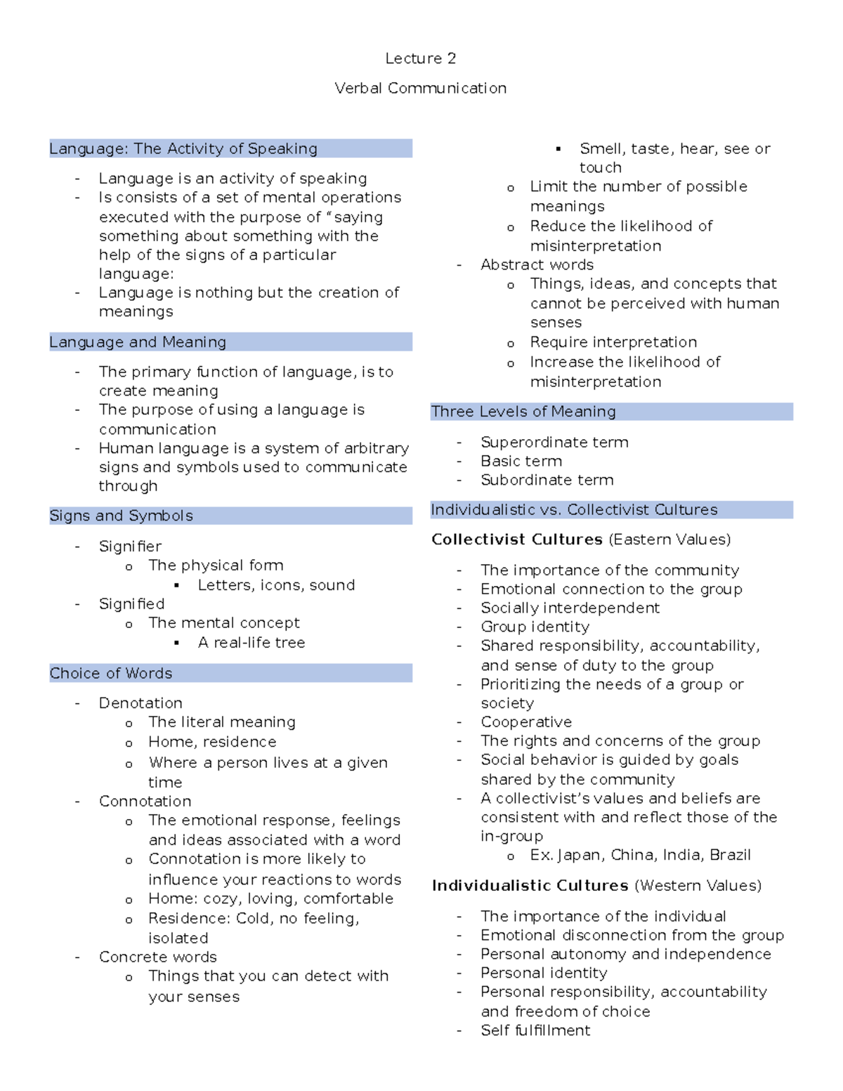 Lecture 2 - Verbal Communication - Lecture 2 Verbal Communication Language: The Activity of ...