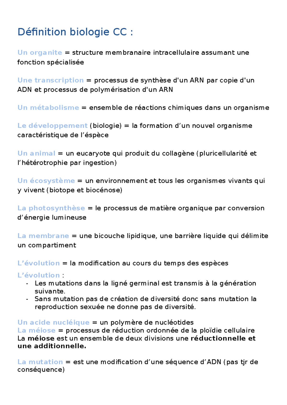 Définition CC - Définition biologie CC : Un organite = structure ...