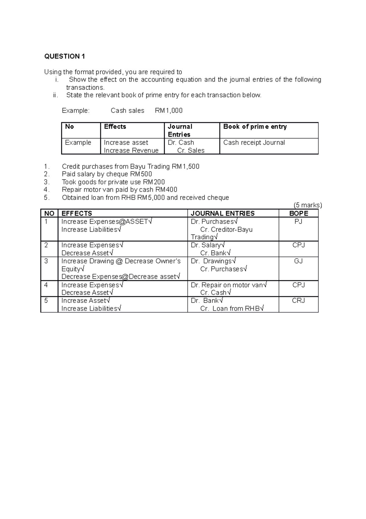 Exercise 5-BOPE - QUESTION 1 Using the format provided, you are ...