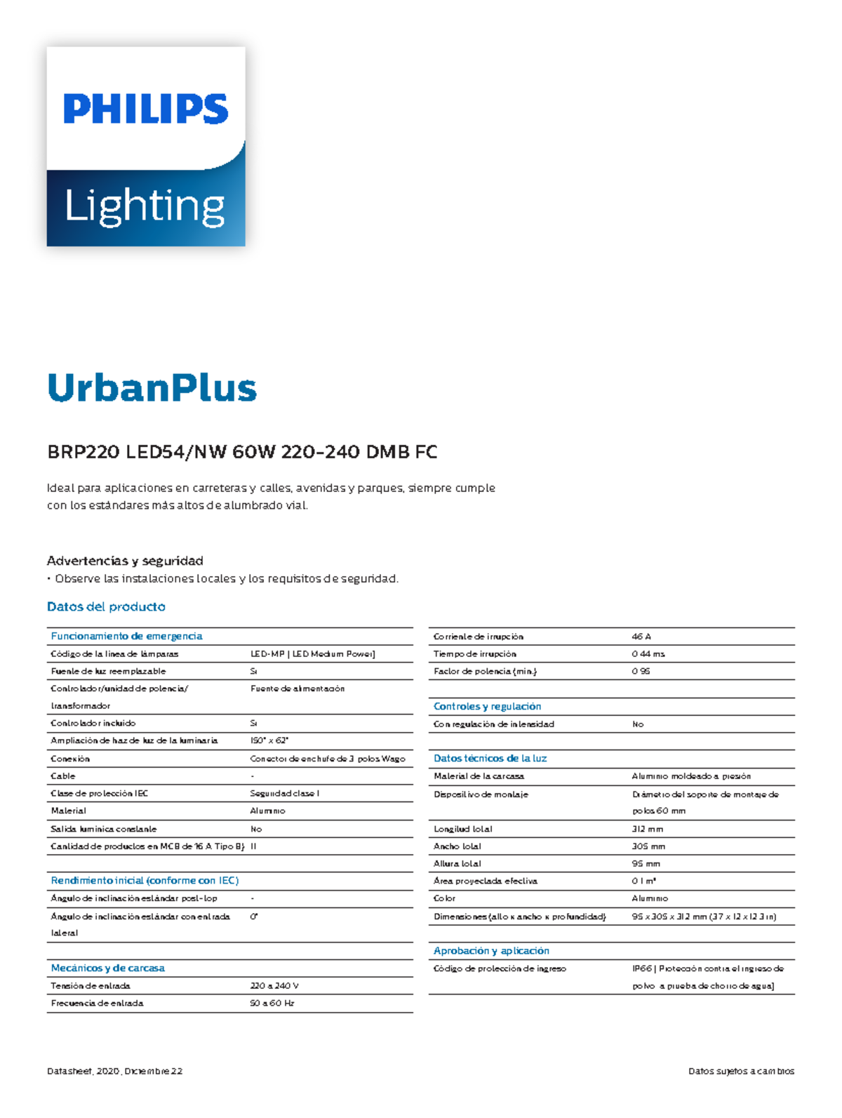 Ficha Tecnica Luminaria LED Alumbrado Publico 50W 4000K 220-240V IP66 ...