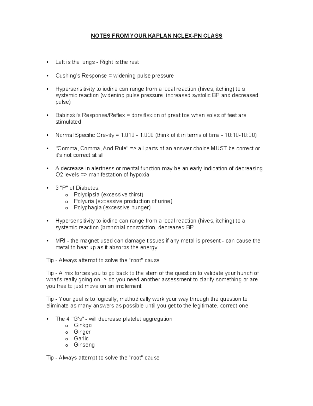 Kaplan-Nclex-PN - NONE - NOTES FROM YOUR KAPLAN NCLEX-PN CLASS Left is ...