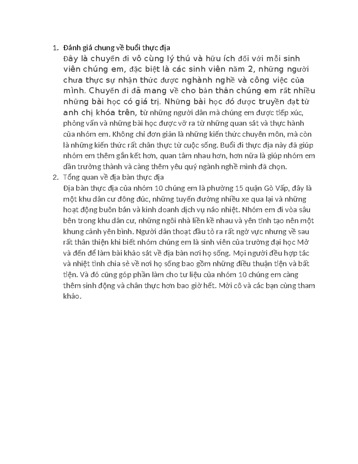 Phần 1 và 2 - bjjb - Đánh giá chung về buổi thực địa Đây là chuyến đi ...